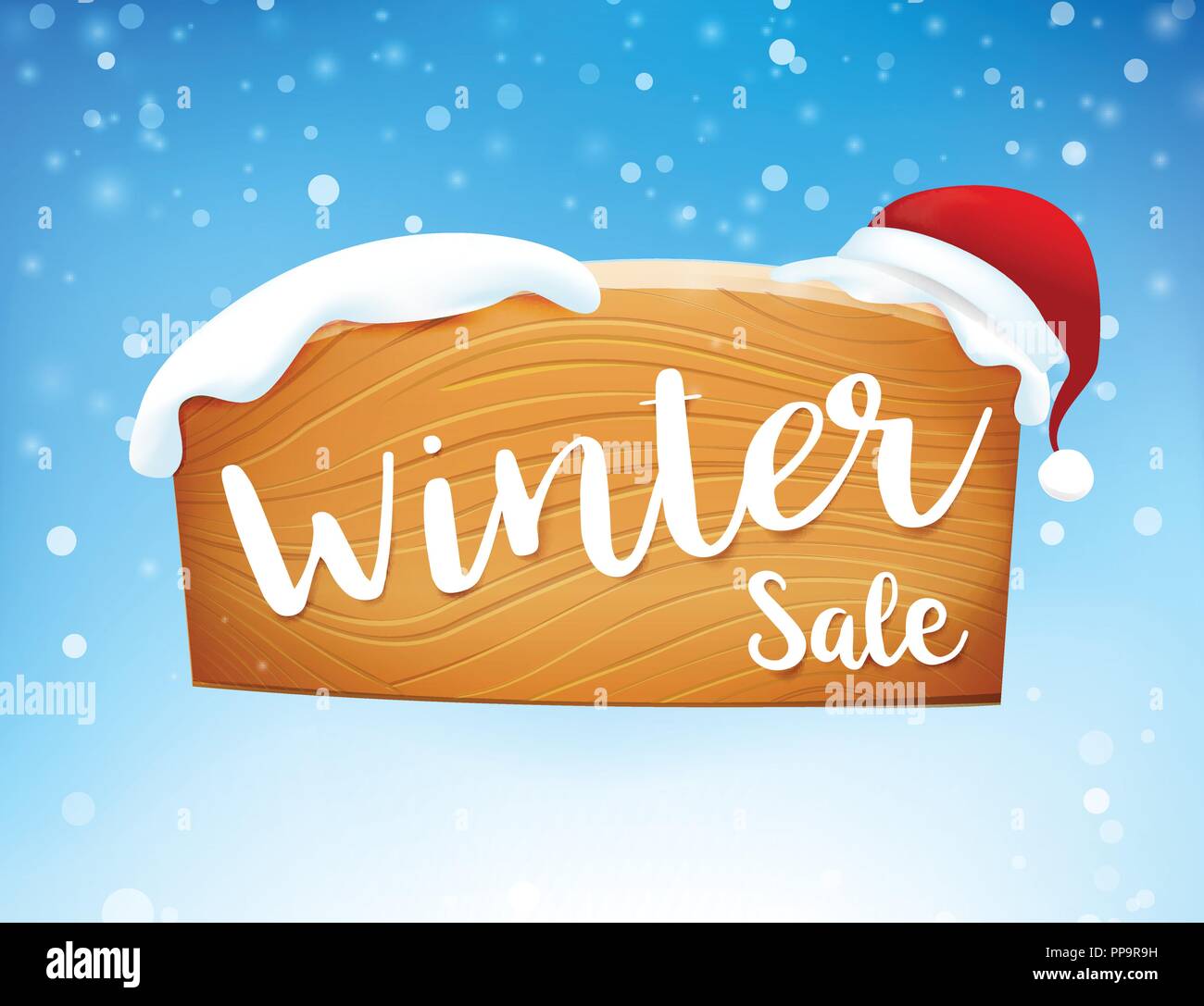 Winter sale calligraphy on wooden sign against snow falling background ...