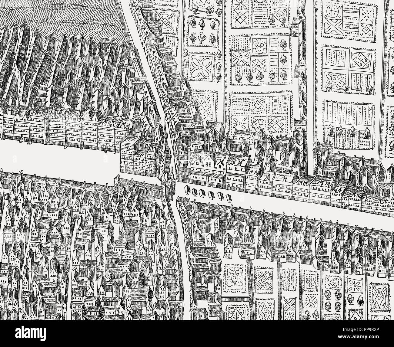 Bird's eye view of the Canongate, Edinburgh, Scotland, after James ...