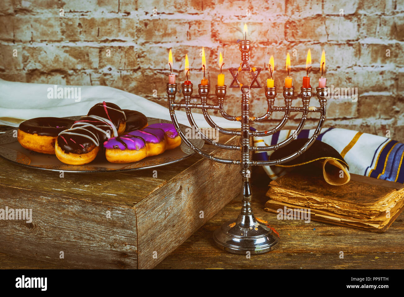 Jewish ritual holiday Hanukkah with menorah traditional burning candles ...