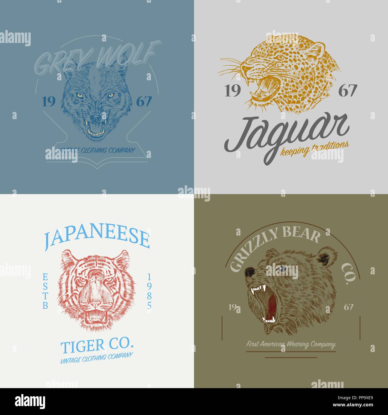 Set of wild animals logos. Grunge label print. Japanese Tiger and ...