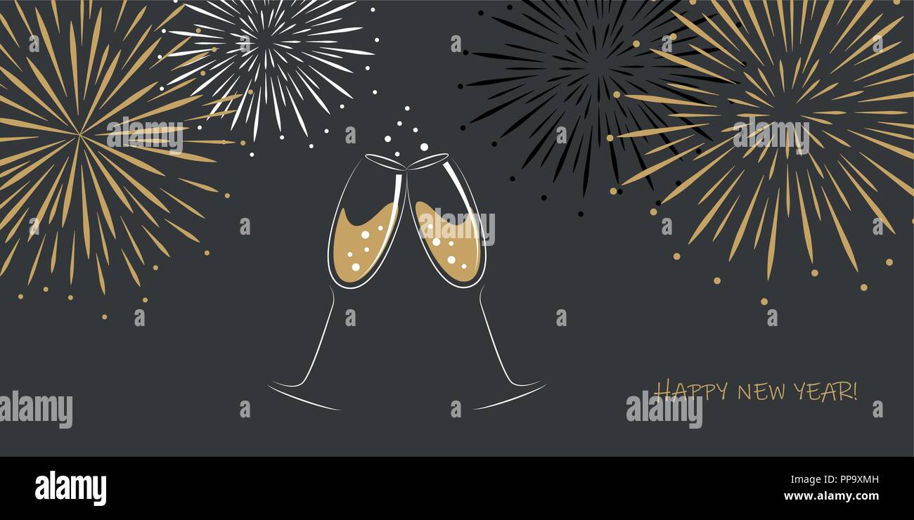 happy new year greeting card two champagne glasses and fireworks on a ...