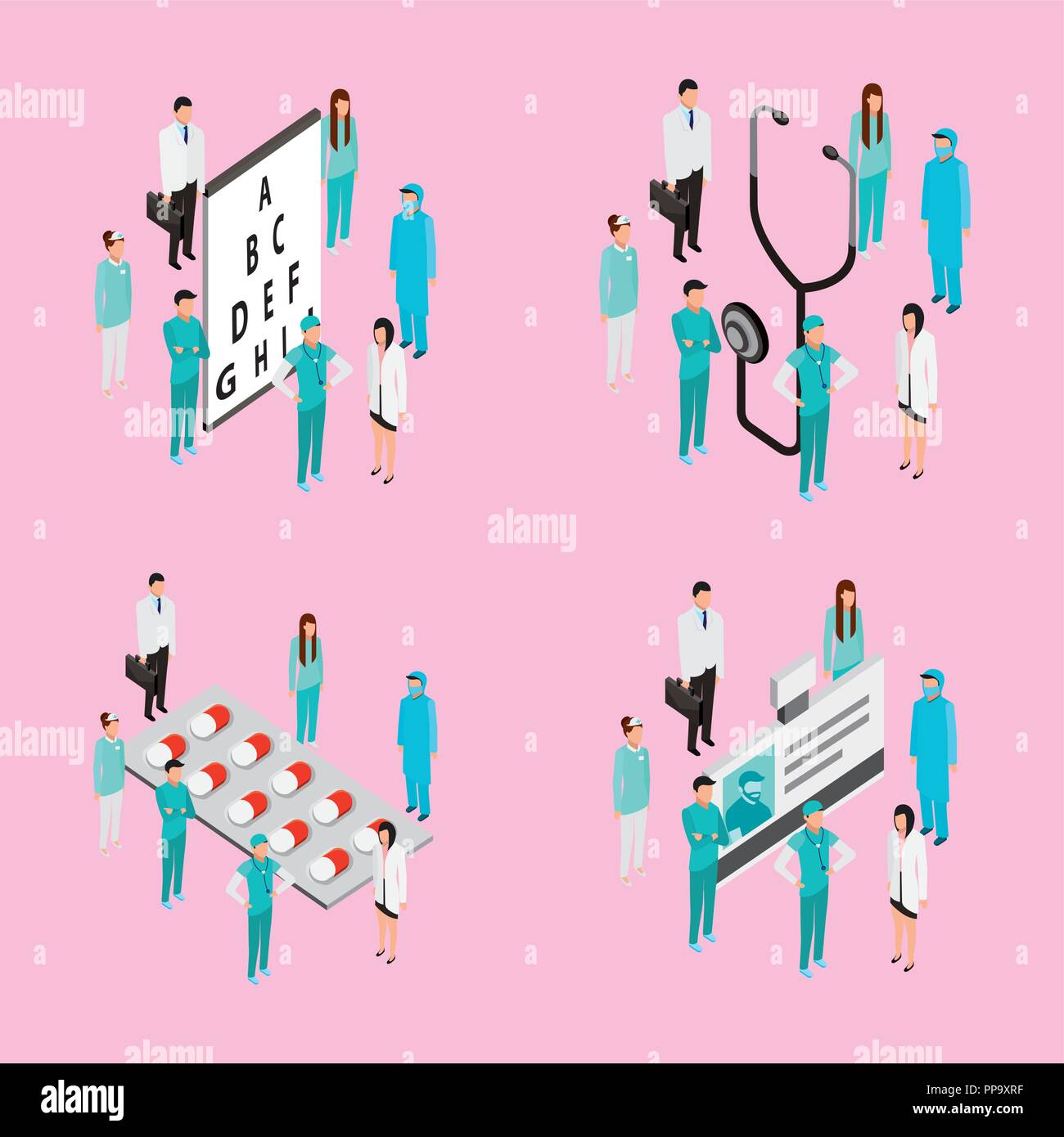 medical health patients doctos nurse with pills optical letters vector ...