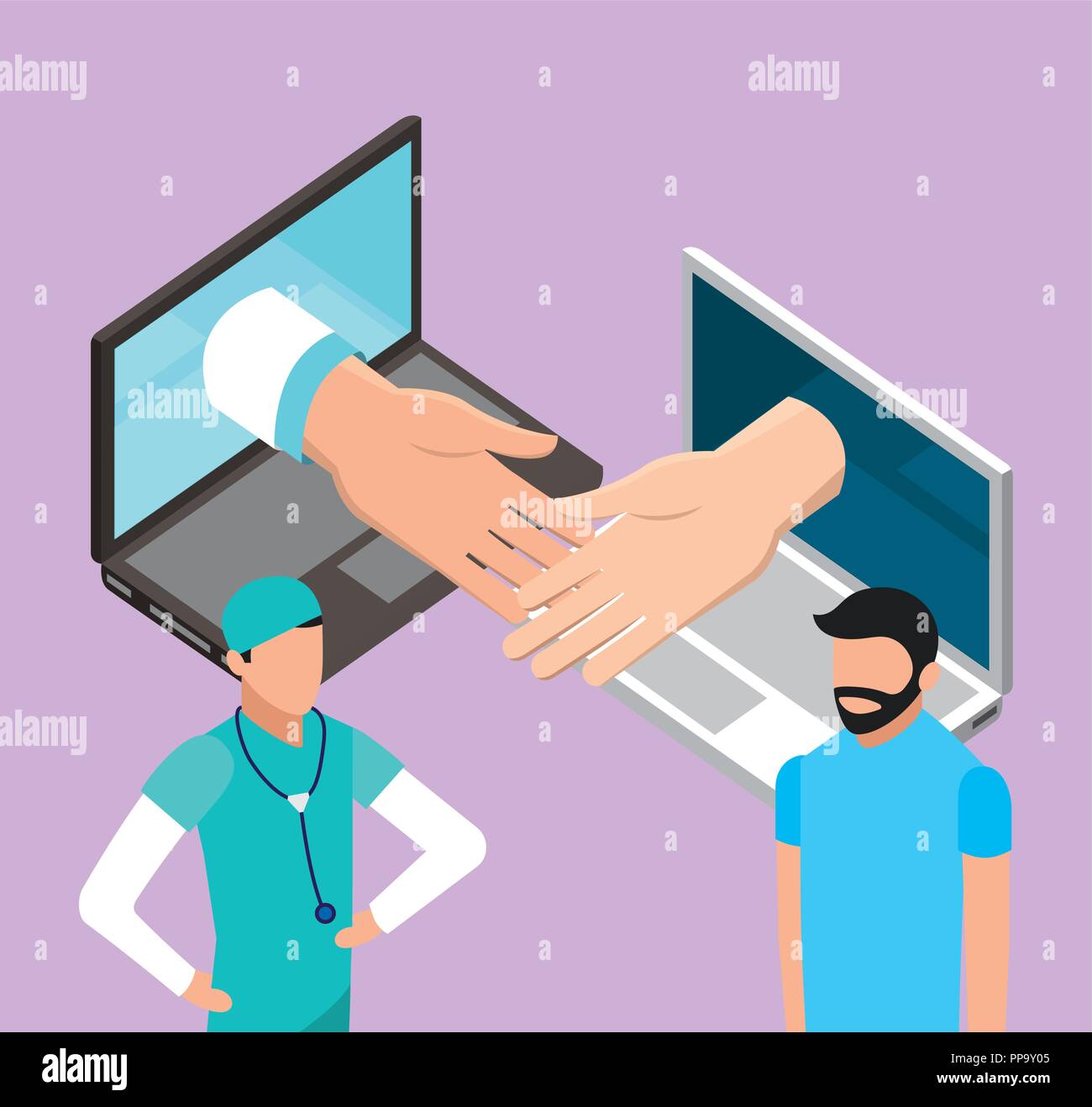 medical health computer hands greeting doctor and patient standing ...