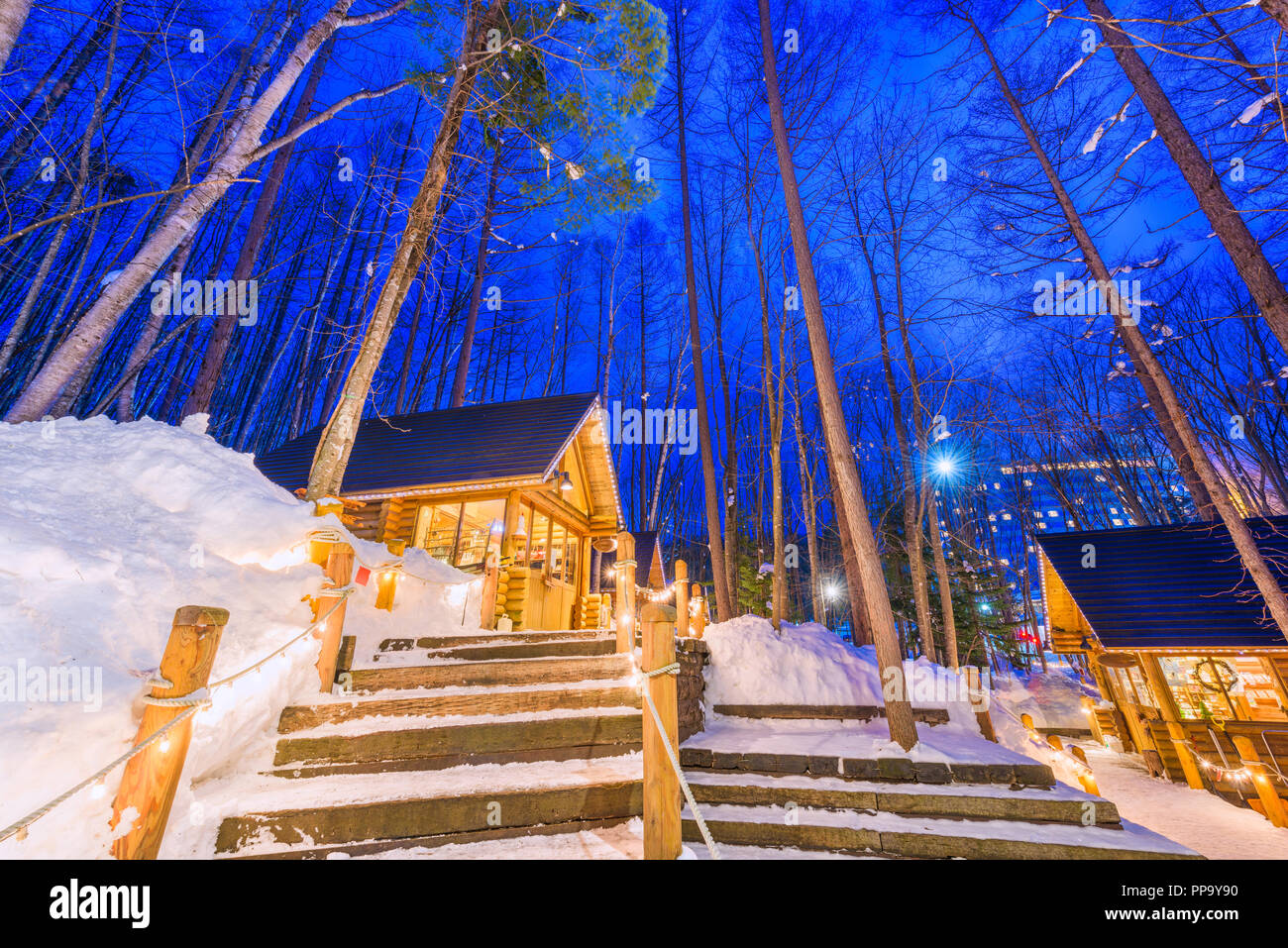 Furano, Hokkaido, Japan winter cabins at twilight Stock Photo - Alamy