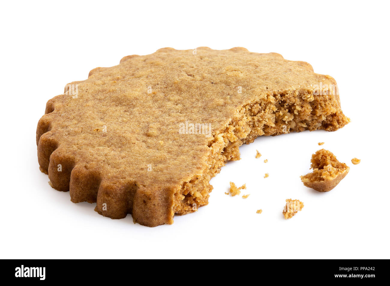 Partially eaten round gingerbread biscuit isolated on white. Serrated ...