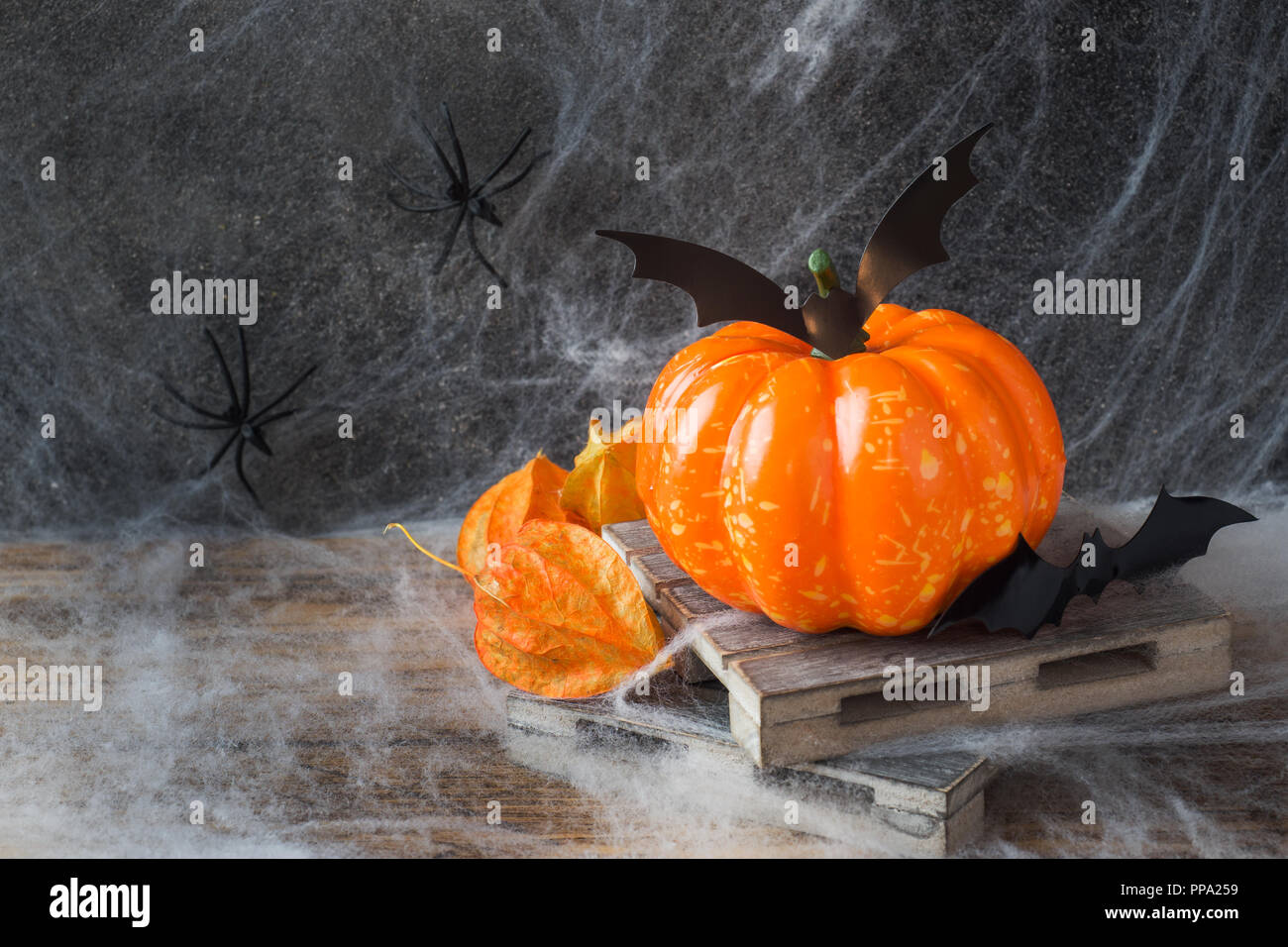 Pumpkin with bats and spiders for Halloween, selective focus. Copy ...