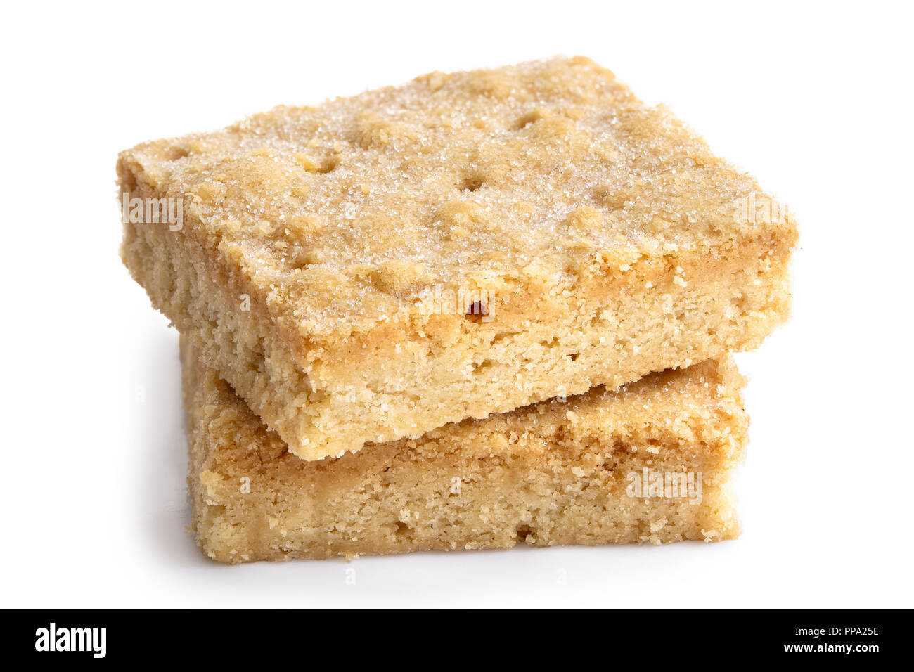 Two classic homemade square shortbread biscuits stacked and isolated on ...