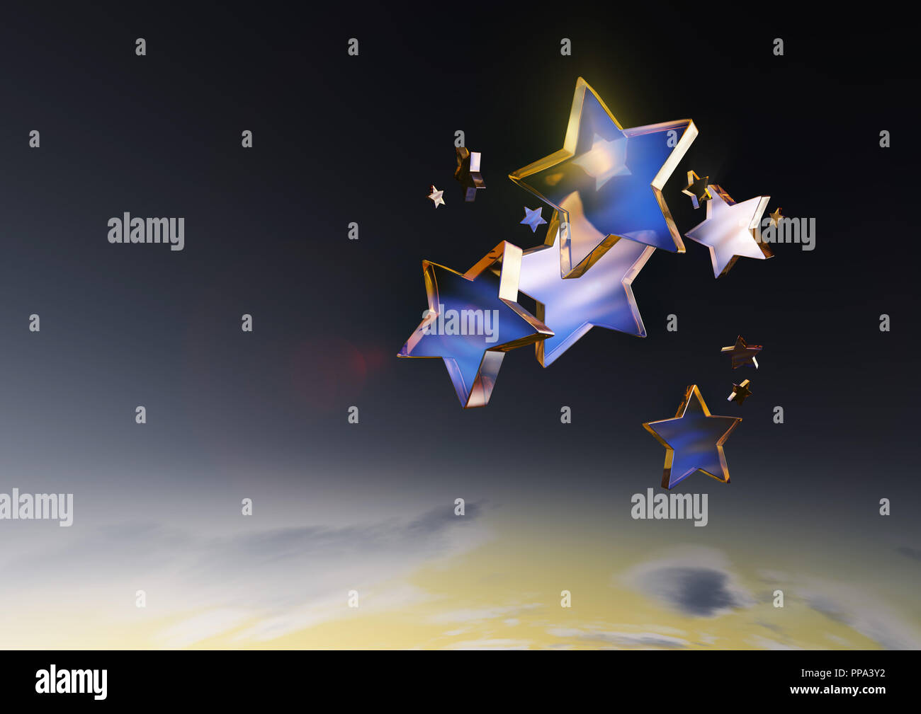 Rendering of a group of golden blue stars in the sunset sky Stock Photo ...