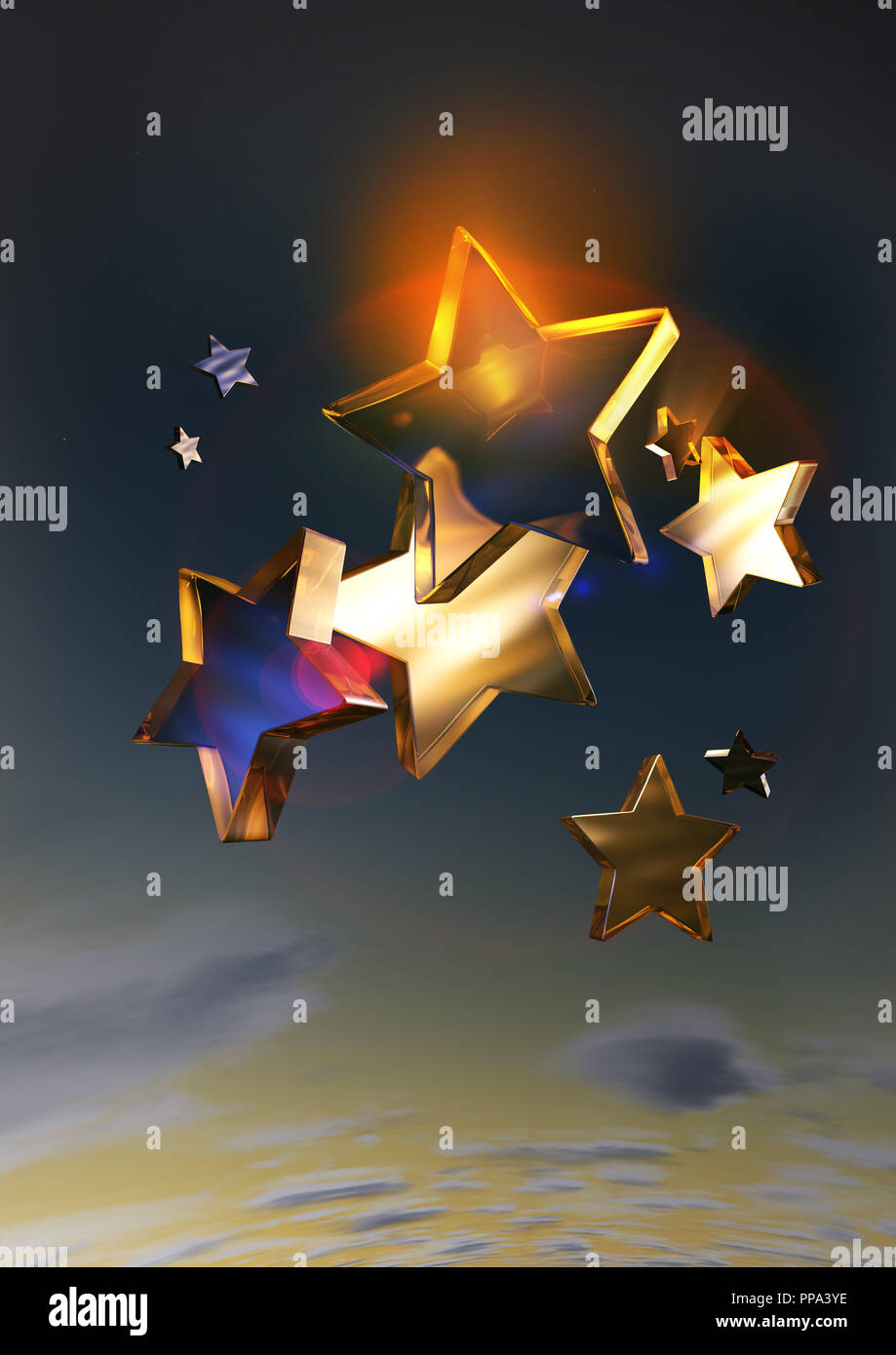 Rendering of a group of golden blue stars in the night sky Stock Photo ...