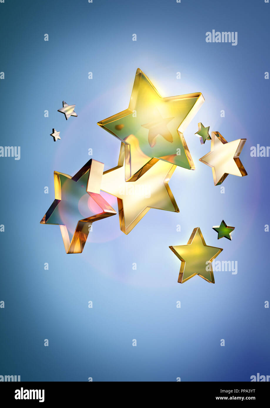 Rendering of a group of golden blue stars in a blue sky Stock Photo - Alamy