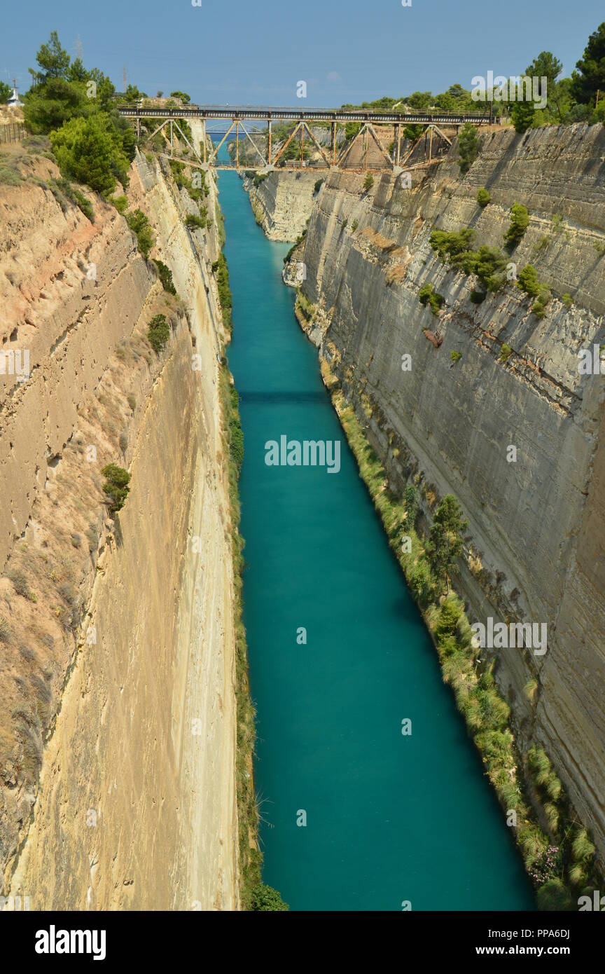 Pretty Shot Of The Corinth Canal With Precise Bridges Crossing It From ...