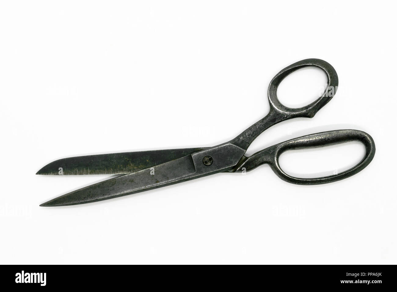 Top view of old metal scissors on white background Stock Photo - Alamy