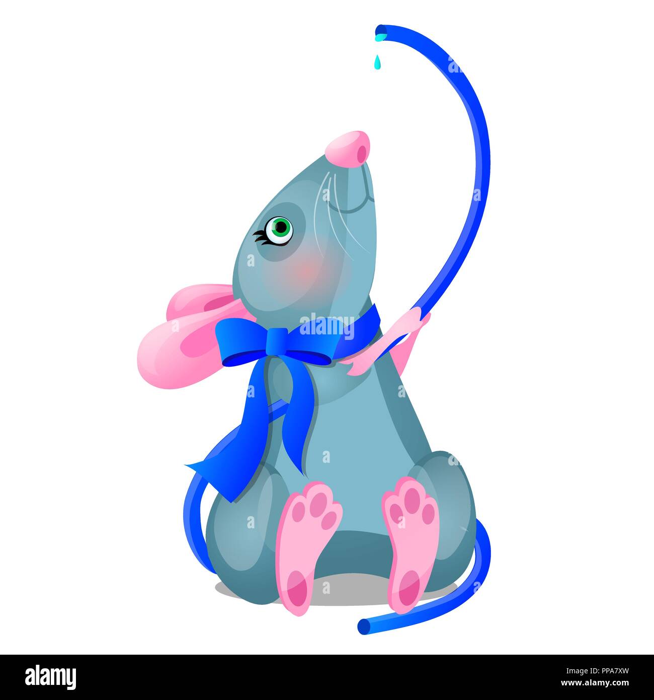 Gray animated mouse drinks water from a blue hose isolated on white ...