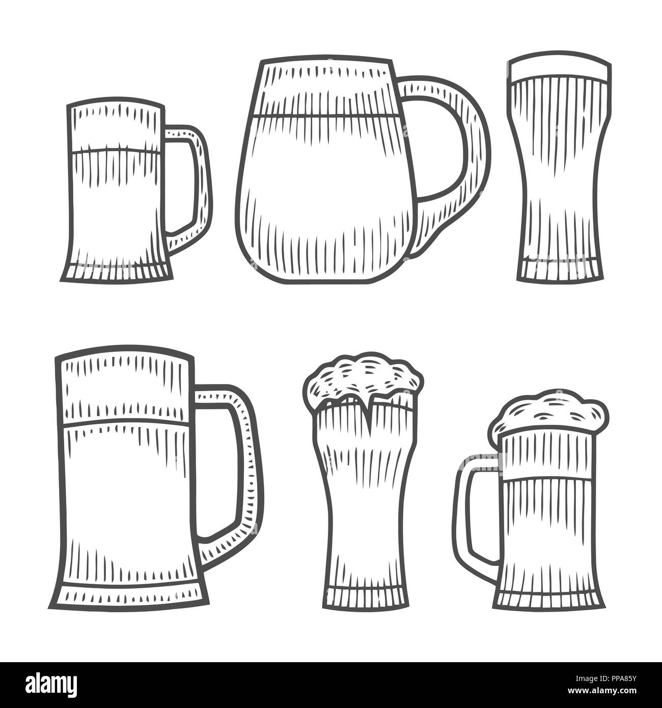 Beer glass, wooden mug. Sketch style vector illustration. Hand drawn ...