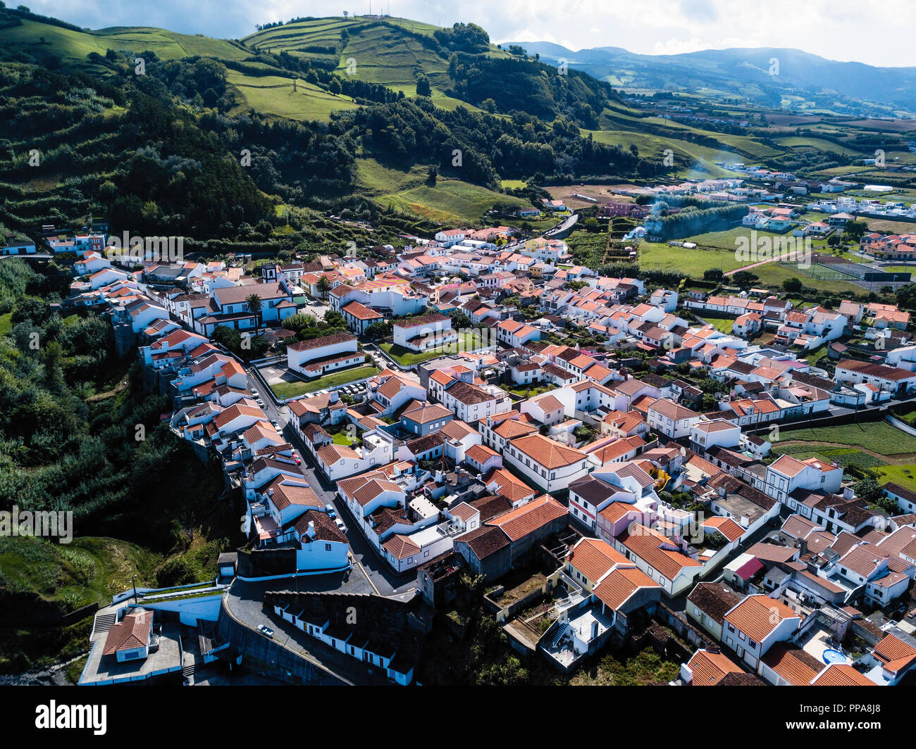 Top view of the building roofs in Maia city of San Miguel island ...