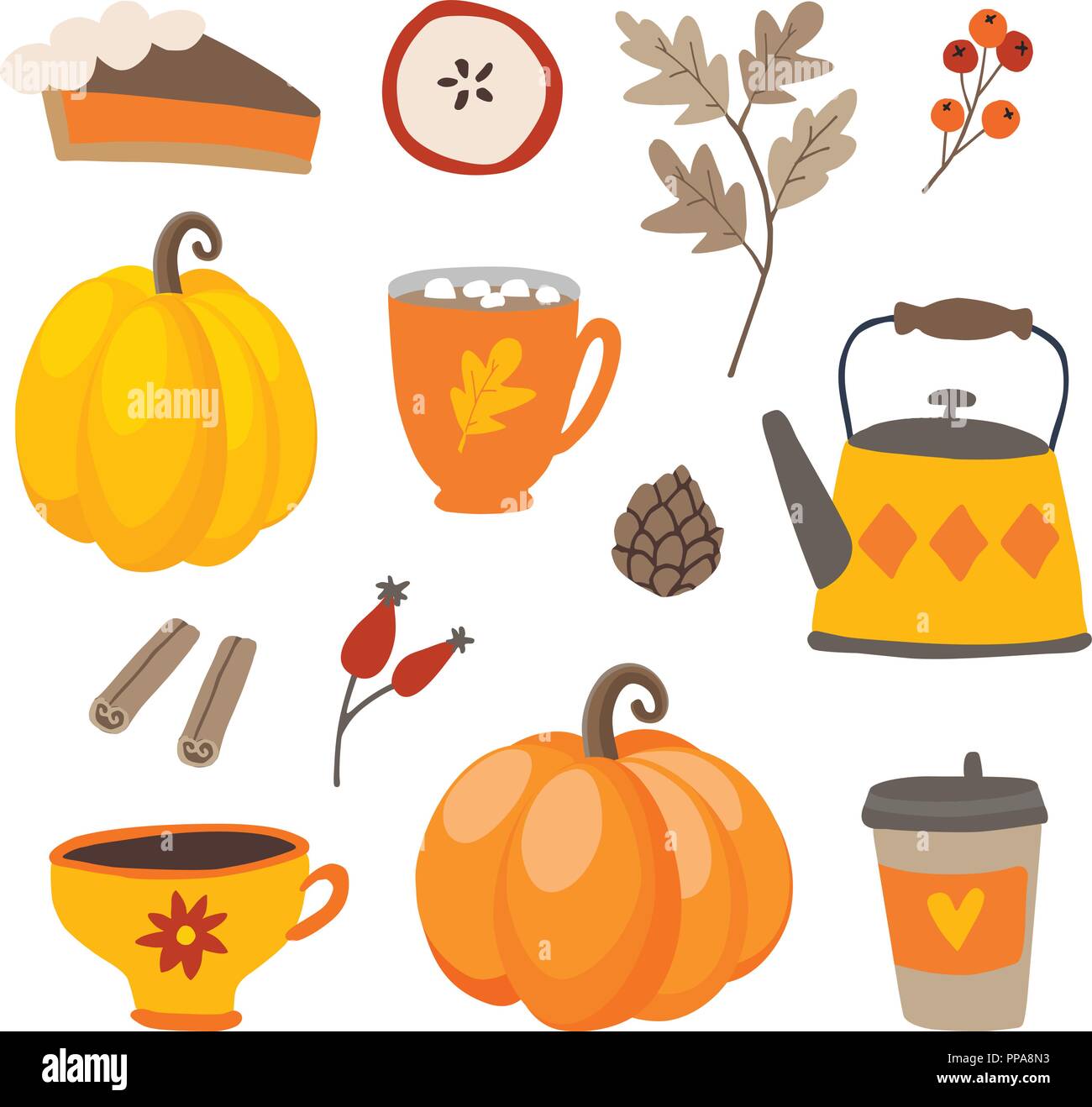 Set of cute cartoon Thanksgiving day icons with pumpkins, pie, coffee ...