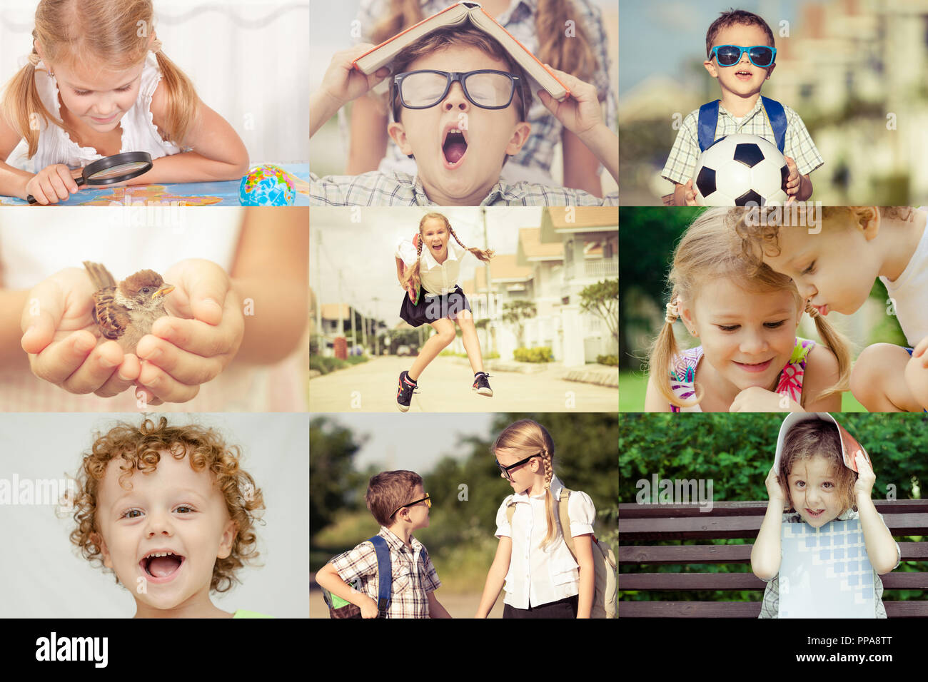 Collage of happy children playing outdoors at the day time. Concept of ...
