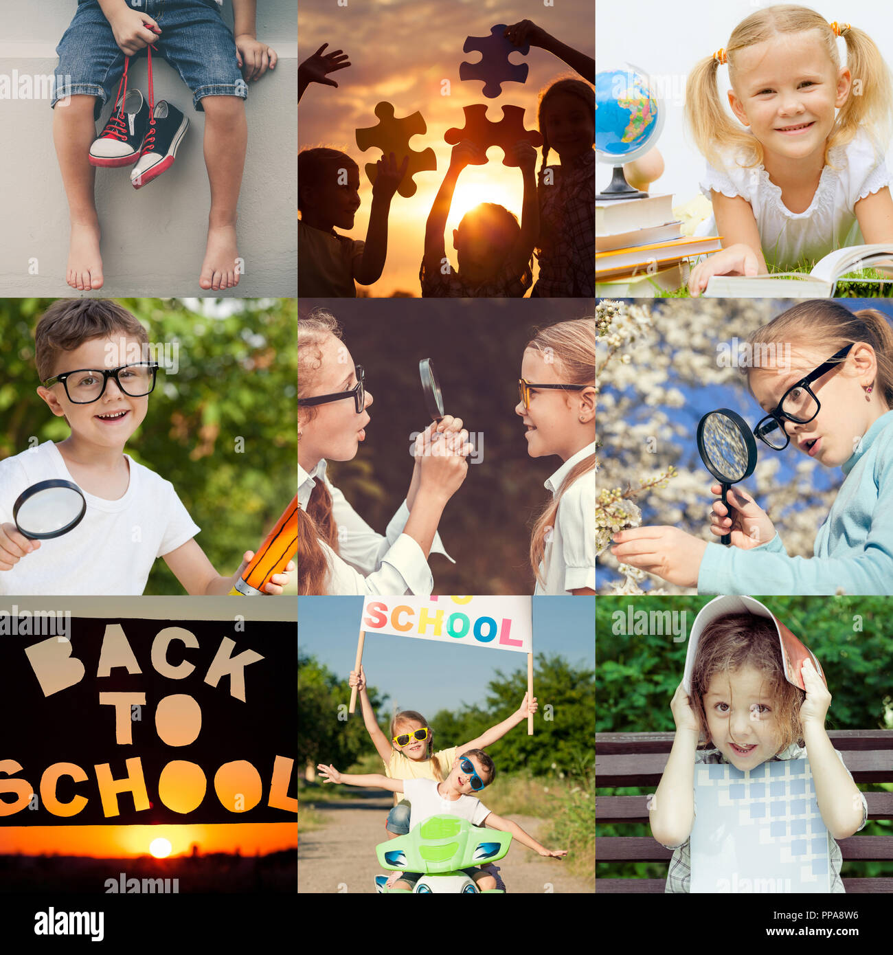 Collage of happy children playing outdoors at the day time. Concept of ...