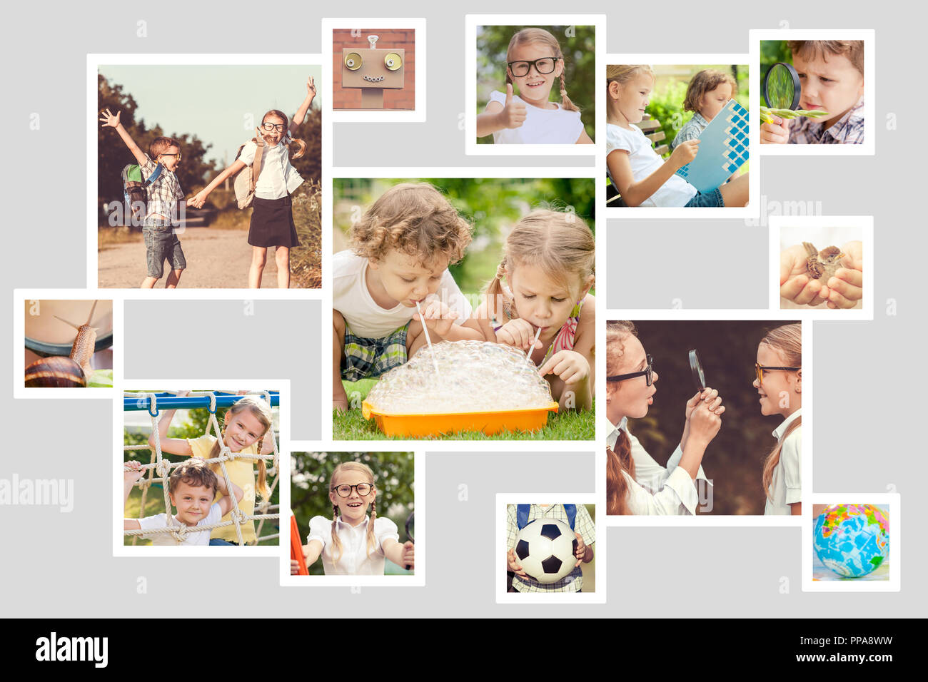 Collage of happy children playing outdoors at the day time. Concept of ...