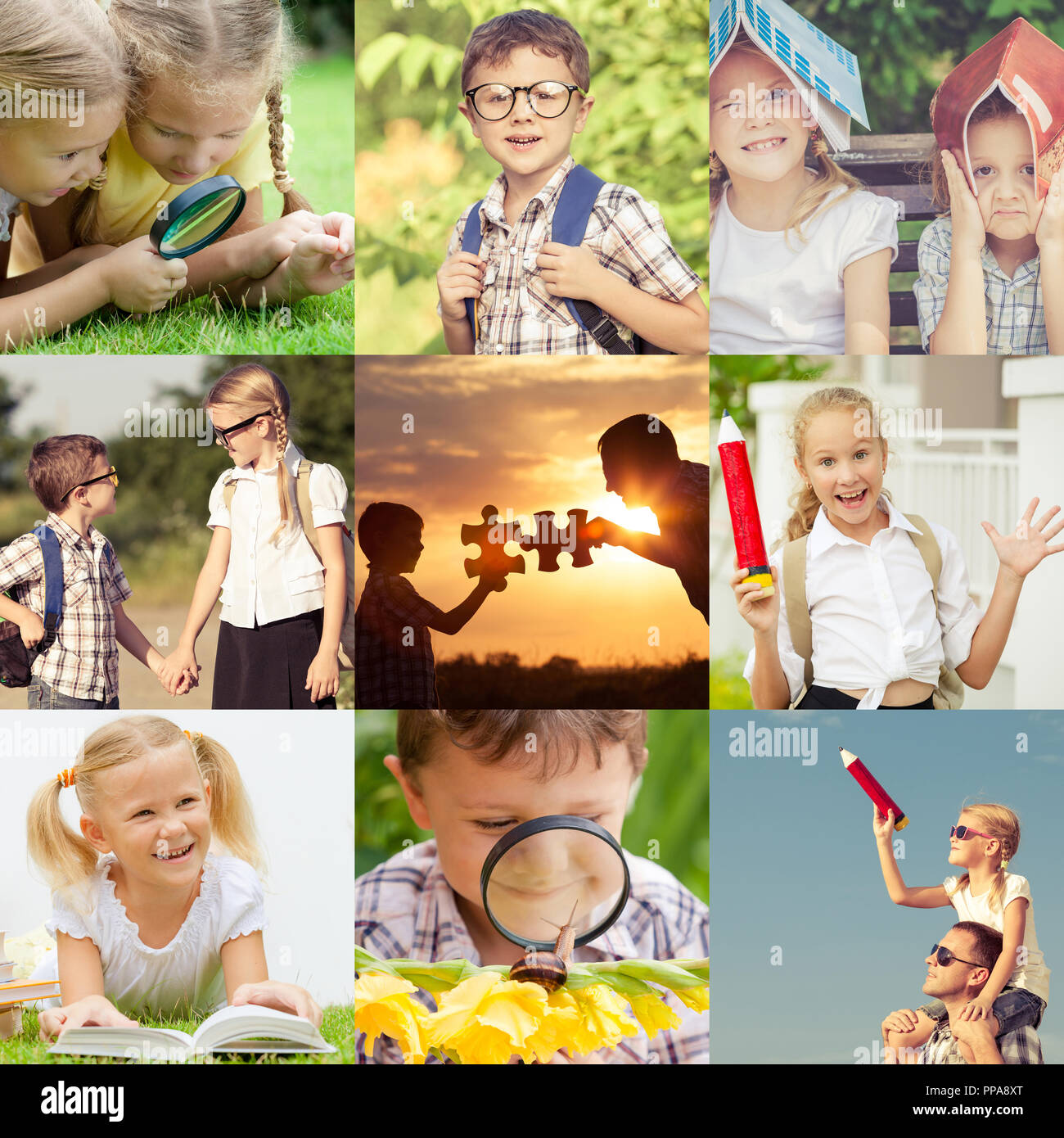 Collage of happy children playing outdoors at the day time. Concept of ...