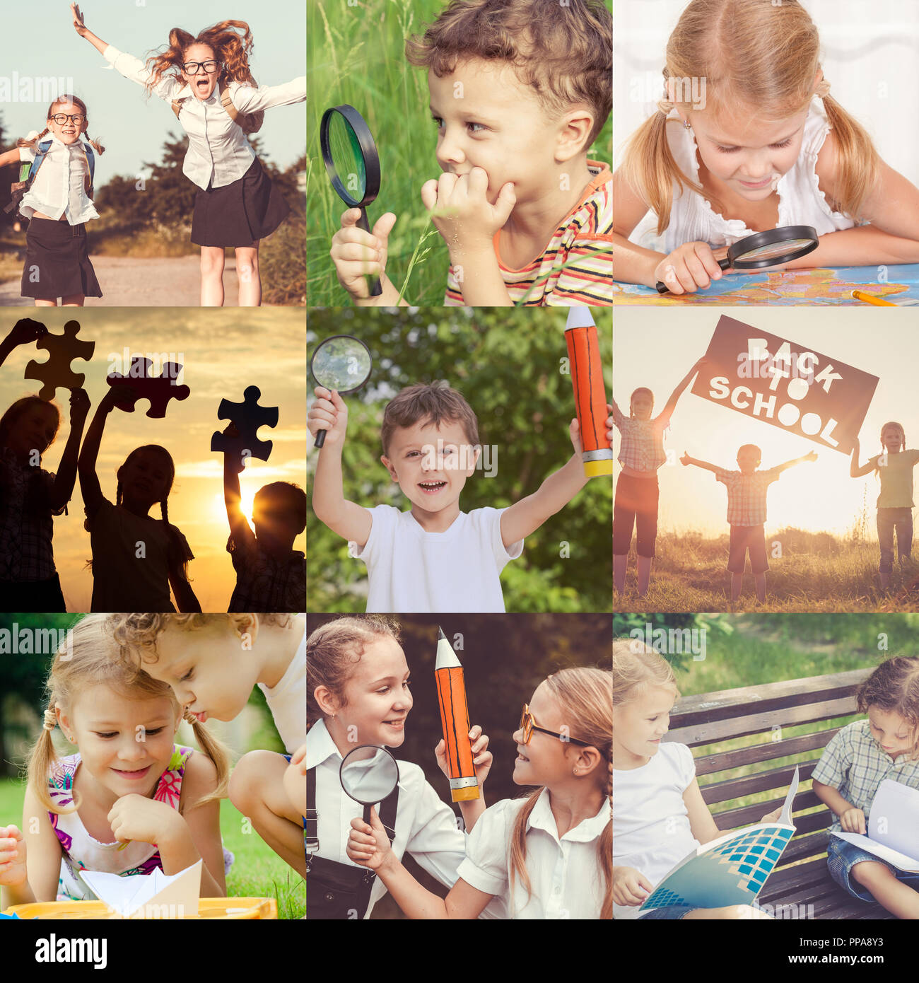 Collage of happy children playing outdoors at the day time. Concept of ...