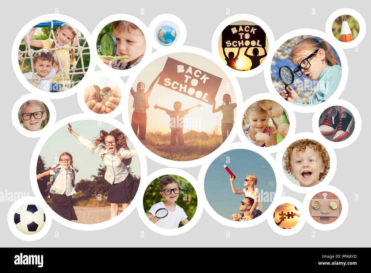 Collage of happy children playing outdoors at the day time. Concept of ...