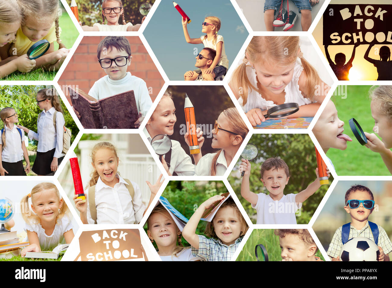 Collage of happy children playing outdoors at the day time. Concept of ...