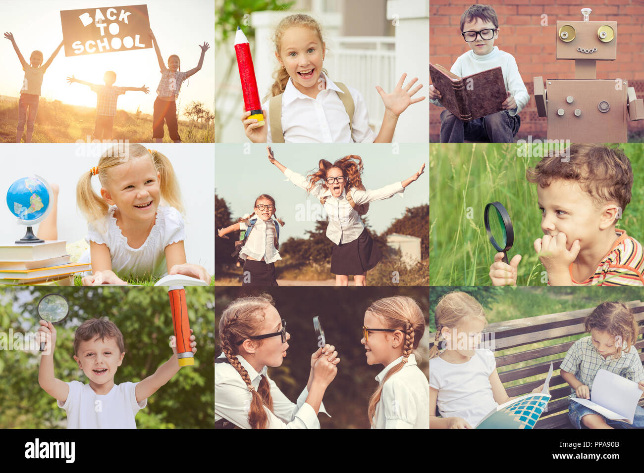Collage of happy children playing outdoors at the day time. Concept of ...