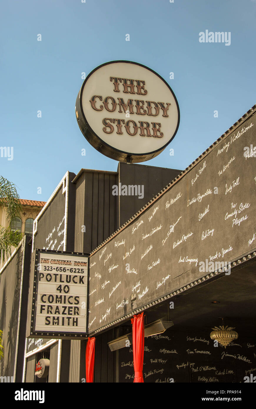 Exterior view of the sign above The Comedy Store club in Los Angeles ...