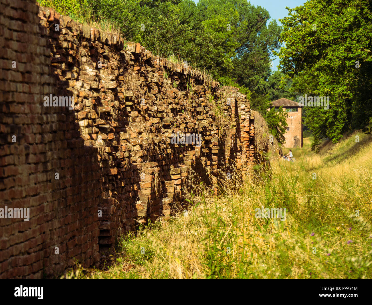Close up of the medieval city wall surrounding the town of Ferrara ...