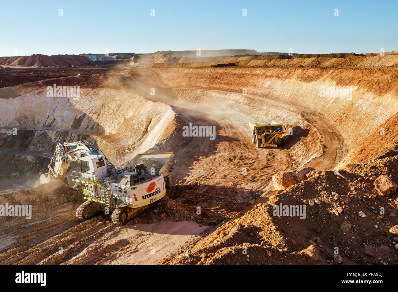 Trucks being loaded with ore by digger in open pit mine, Western ...