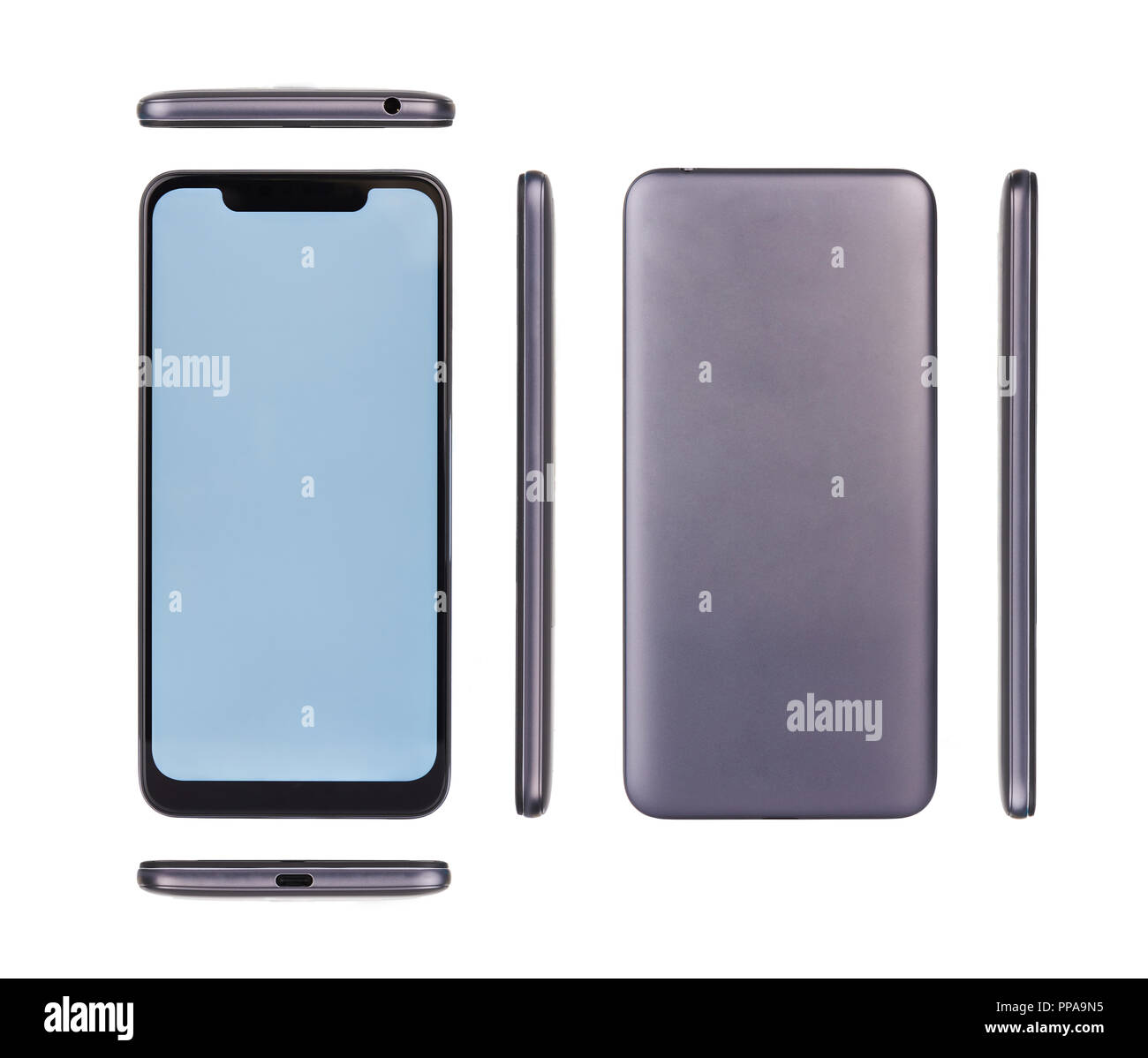 All view of smartphone with notch isolated on white studio background ...