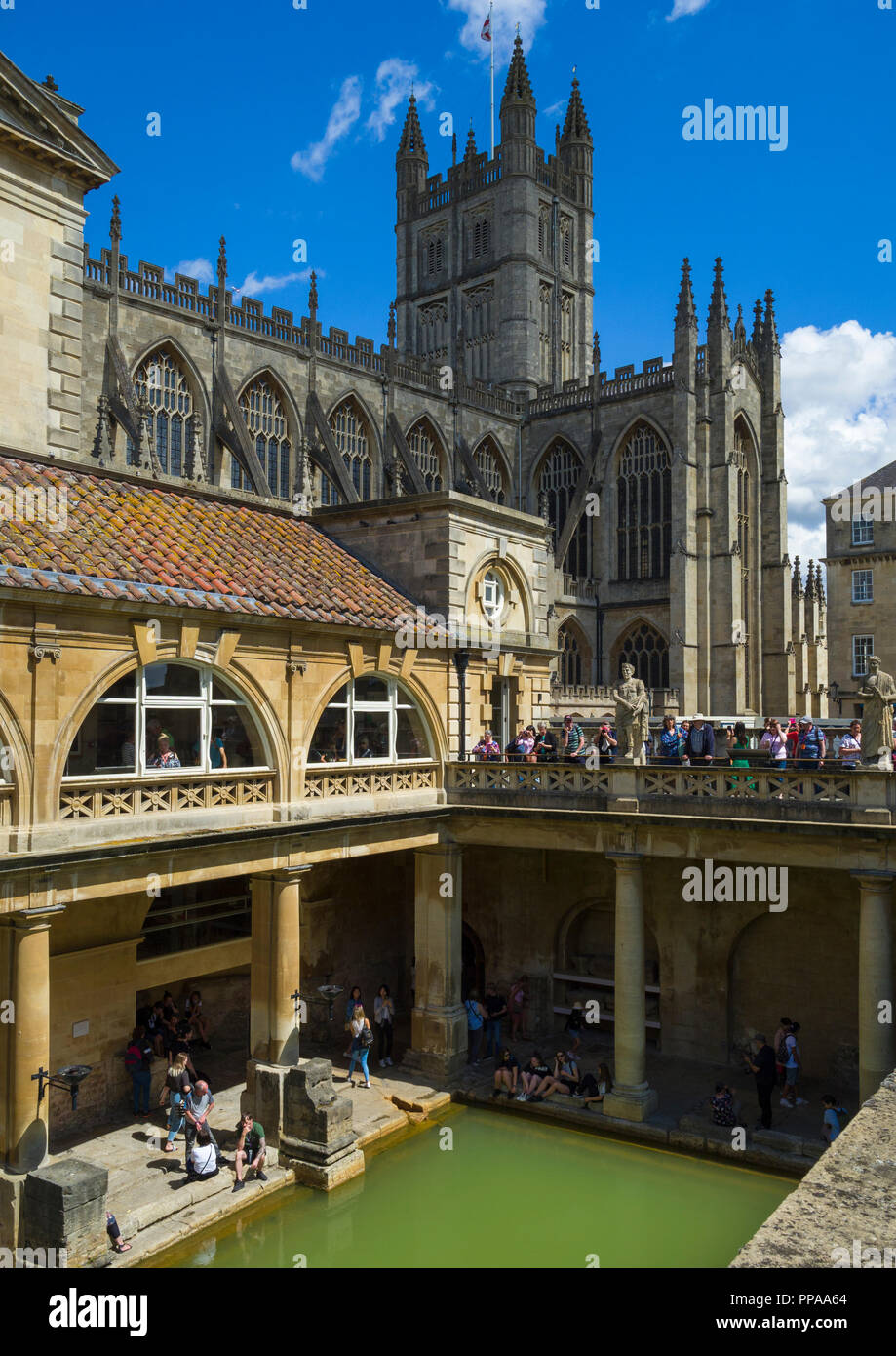 Visitors exploring the Terrace and Great Bath of the Roman Baths next ...