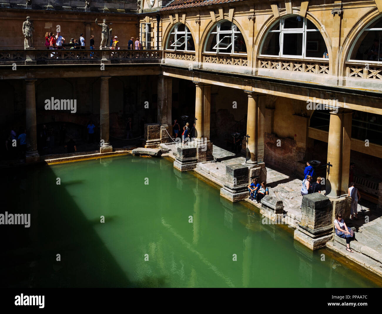 Looking down from the Terrace to the Great Bath of the Roman Baths, in ...