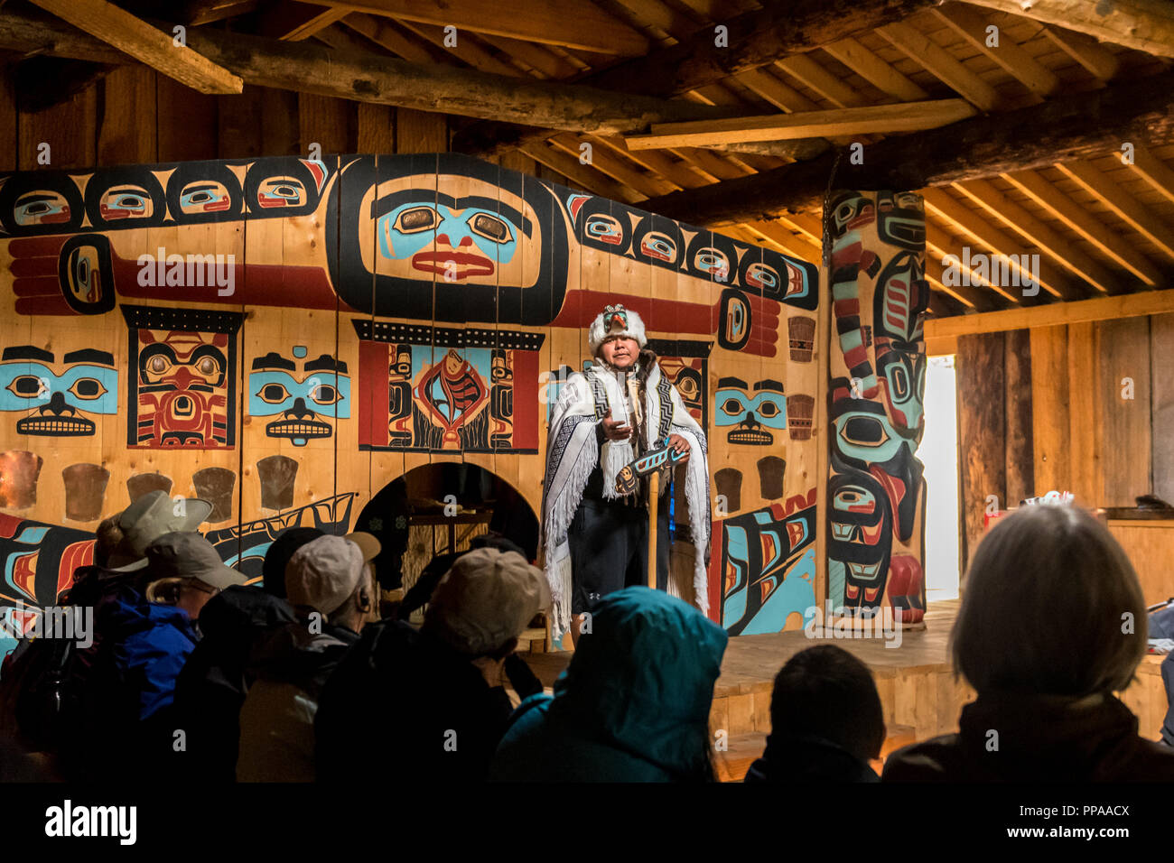 Guide discusses Tlingit heritage at the Jilkaat Kwaan Heritage Center ...