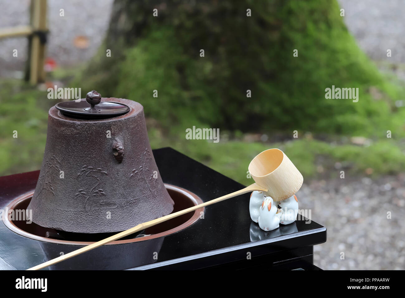 Tea set for traditional japanese green tea ceremony, iron pot, ladle ...