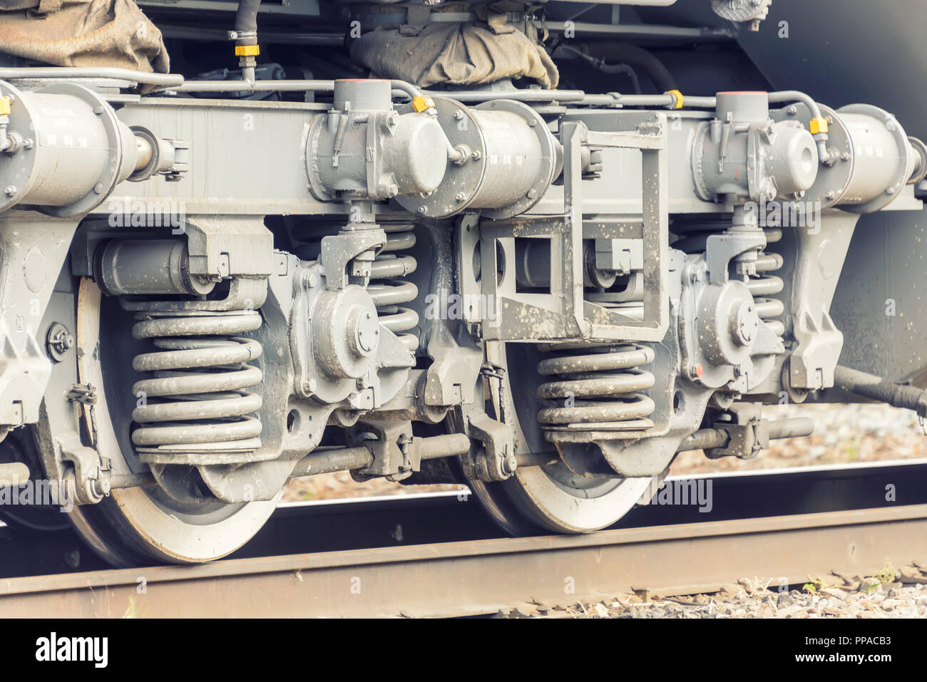 wheels of a train on rails. Railway Stock Photo - Alamy