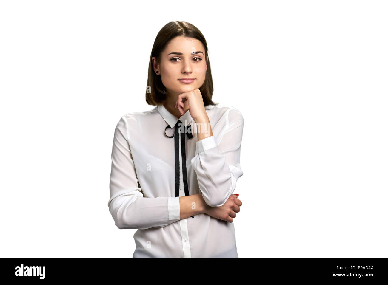 Thinking girl isolated on white background Stock Photo - Alamy