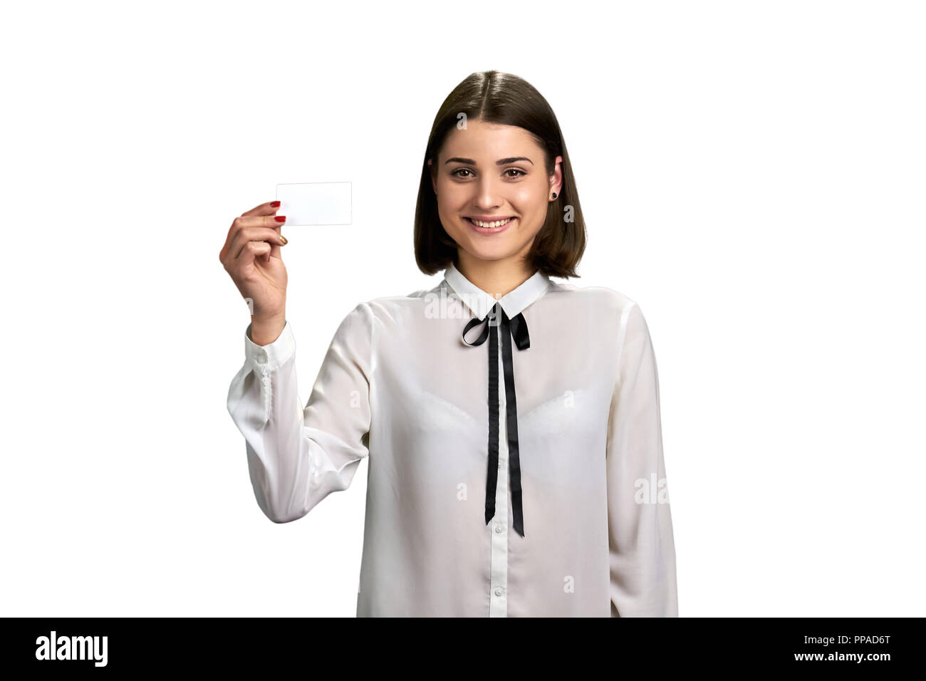 Pretty girl with blank paper card Stock Photo - Alamy