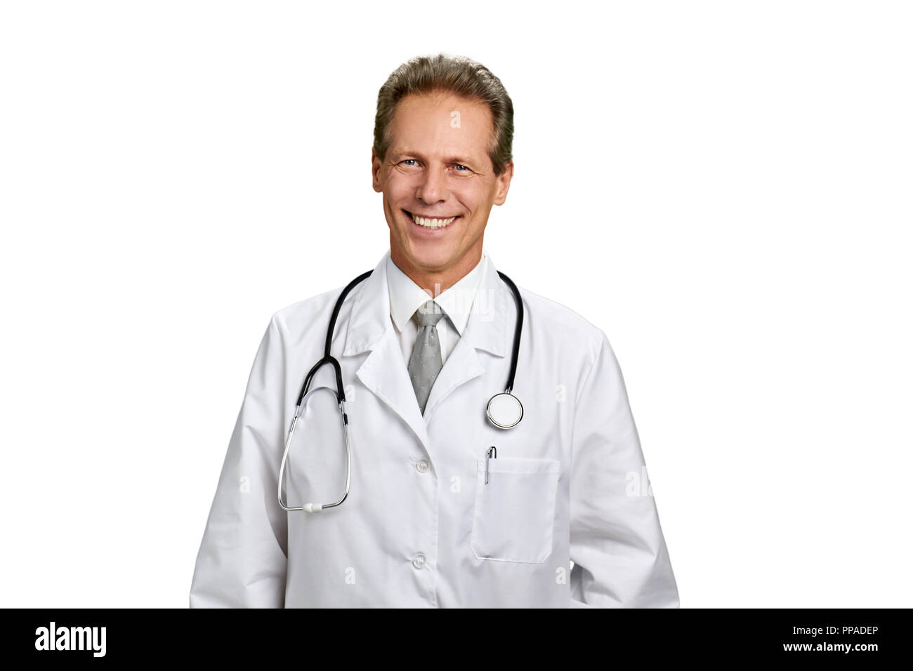 Happy cheerful doctor isolated on white Stock Photo - Alamy