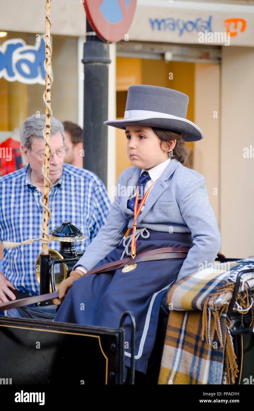 Young boy, classic spanish costume driving horse carriage, celebration ...