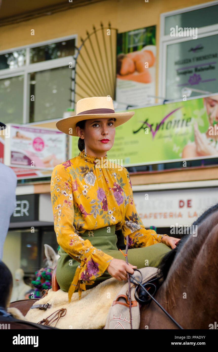 Woman in traditional costume riding horse, celebration, event ...