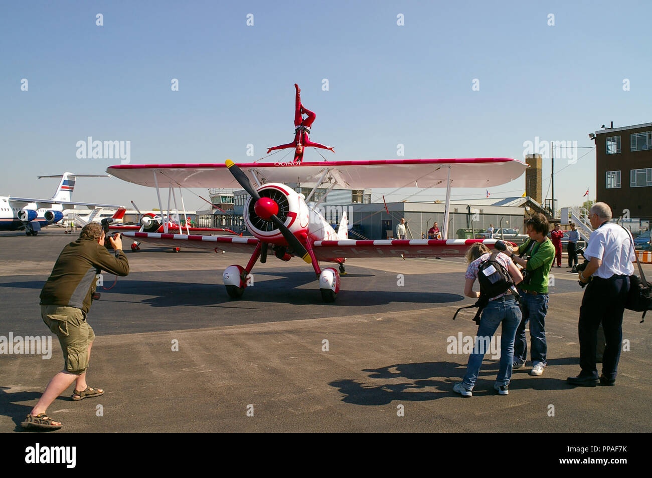 Sarah Tanner, wingwalker with Aerosuperbatics wingwalking team on ...