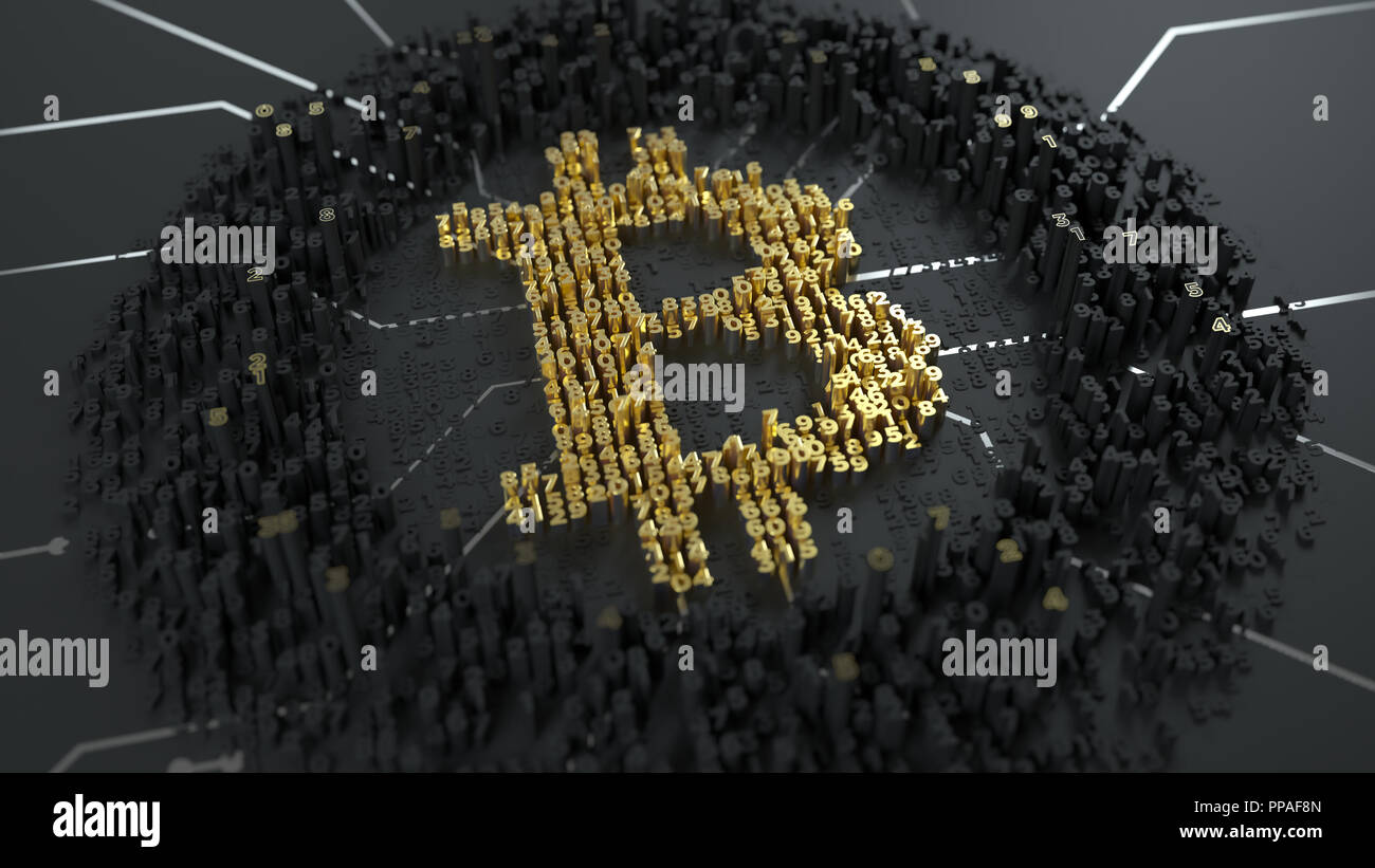 Bitcoin. Calculation of hash or mining. Currency sign builded from ...