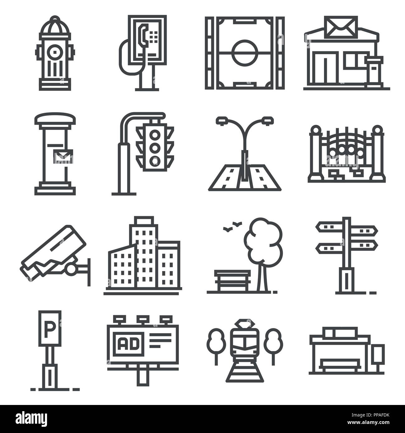 Vector line city elements icons set. Hydrant, traffic light, garden ...