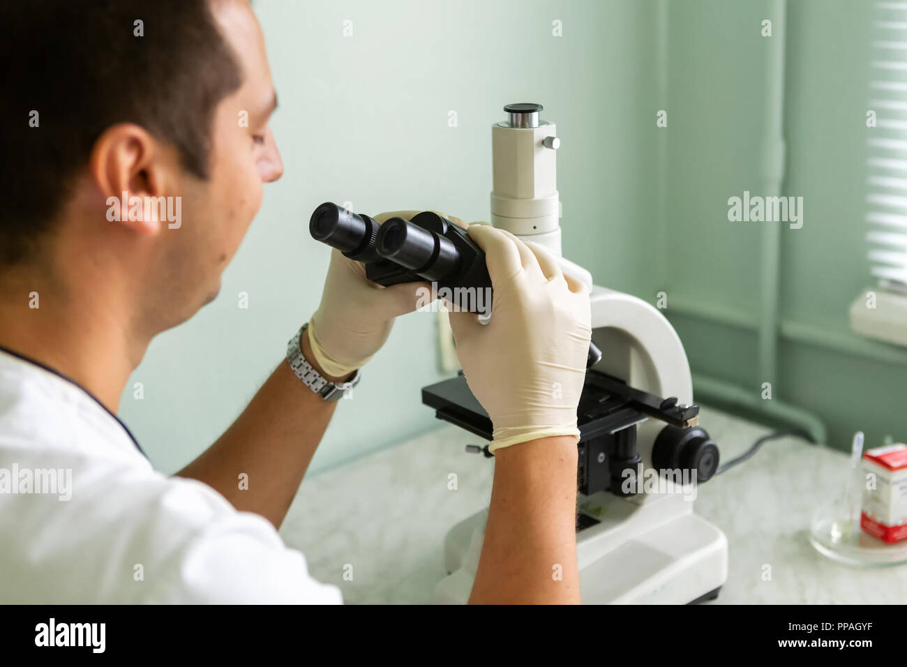 Old microscope. Real medical equipment for blood analysis Stock Photo ...
