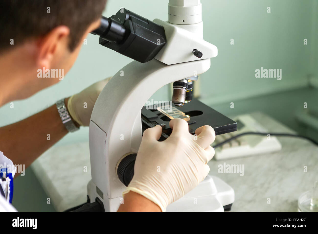 Old microscope. Real medical equipment for blood analysis Stock Photo ...