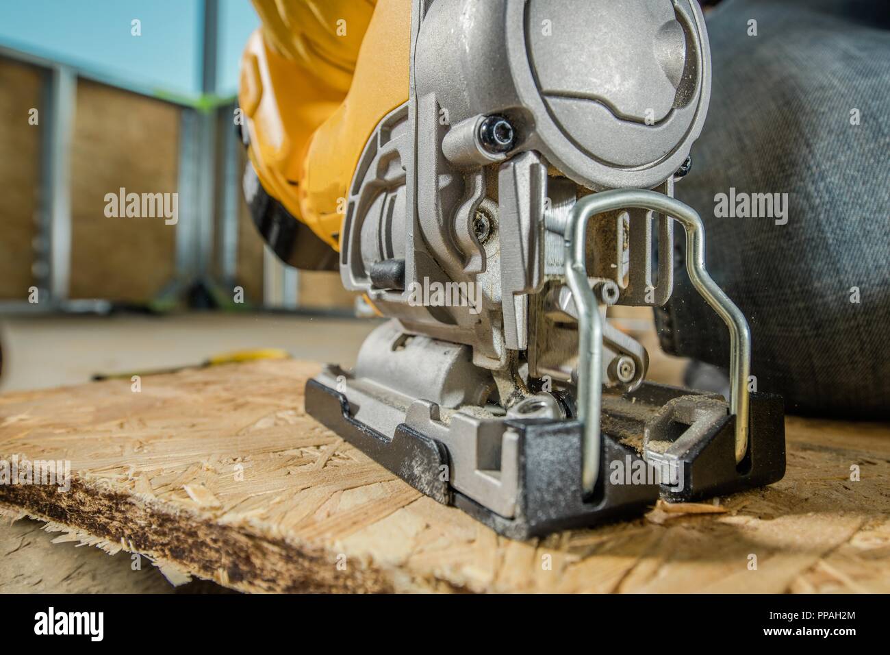 Jig Saw Woodwork Closeup. Plywood Cutting By Contractor Worker Stock ...