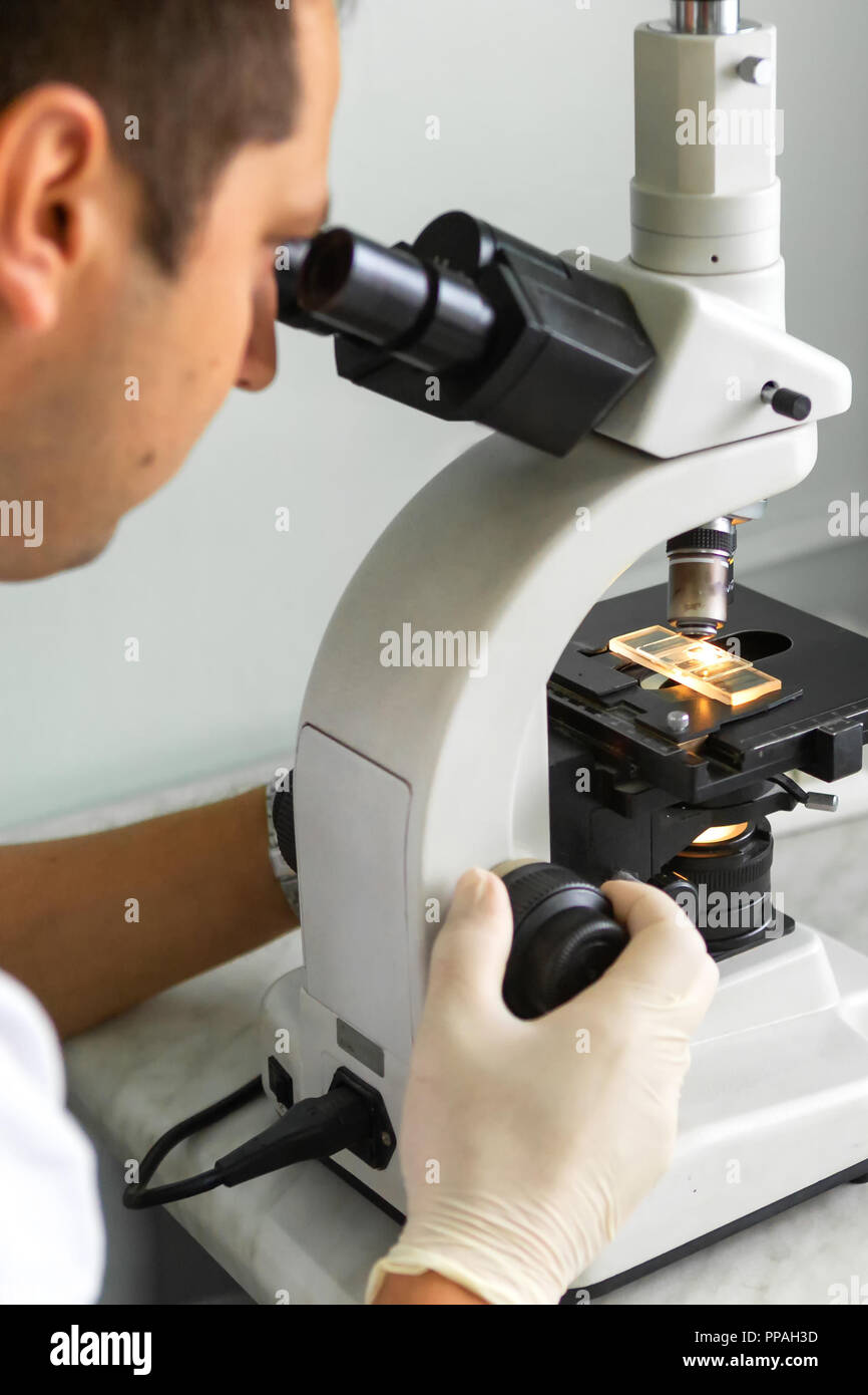 Old microscope. Real medical equipment for blood analysis Stock Photo ...
