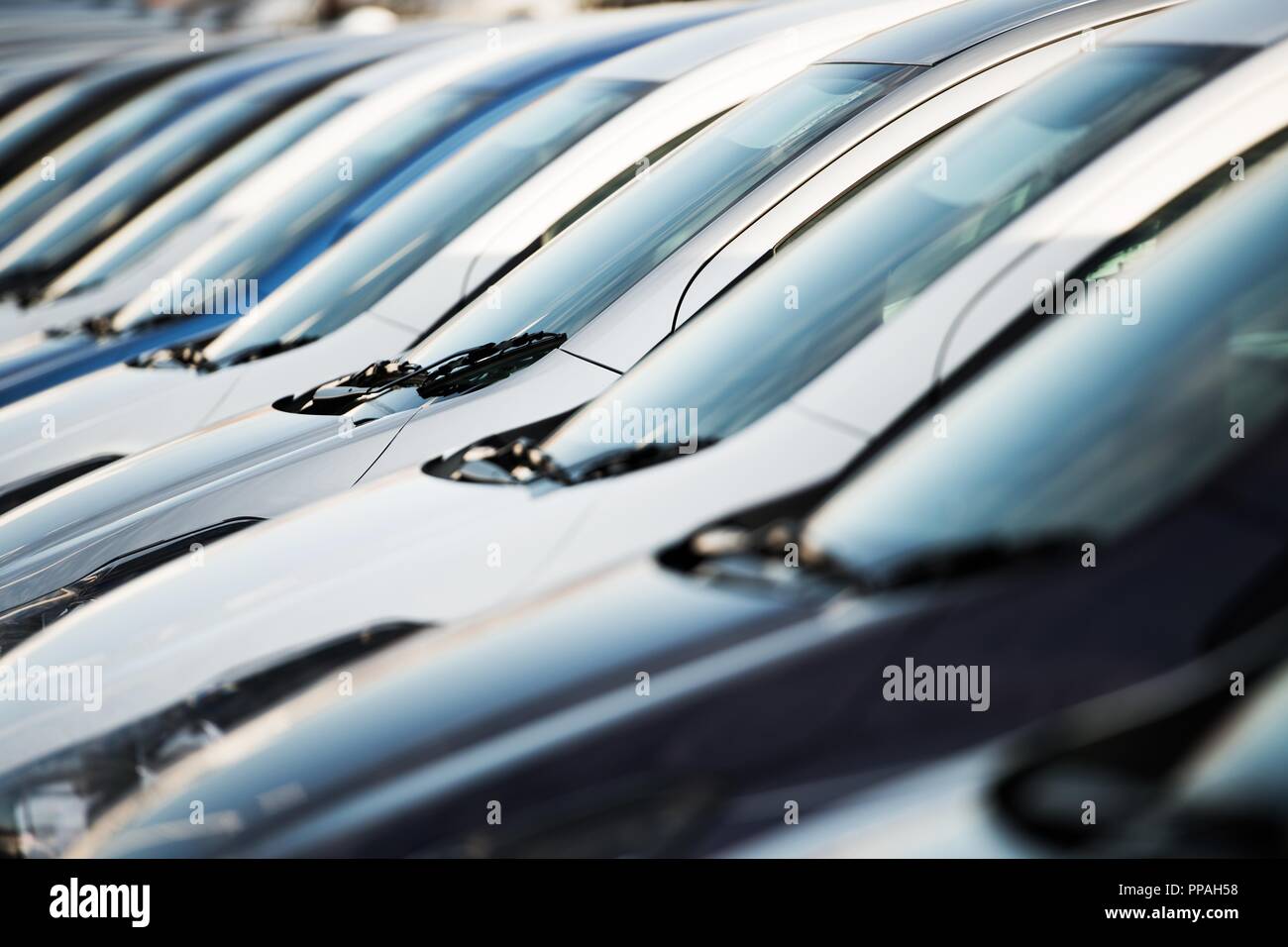 Row of Modern Cars. Car Dealership Parking Lot. Brand New Vehicles ...
